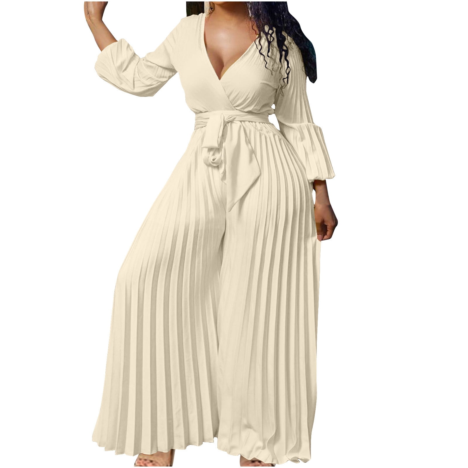 RYRJJ Jumpsuits for Women Dressy Elegant V Neck Long Sleeve Wide Leg ...