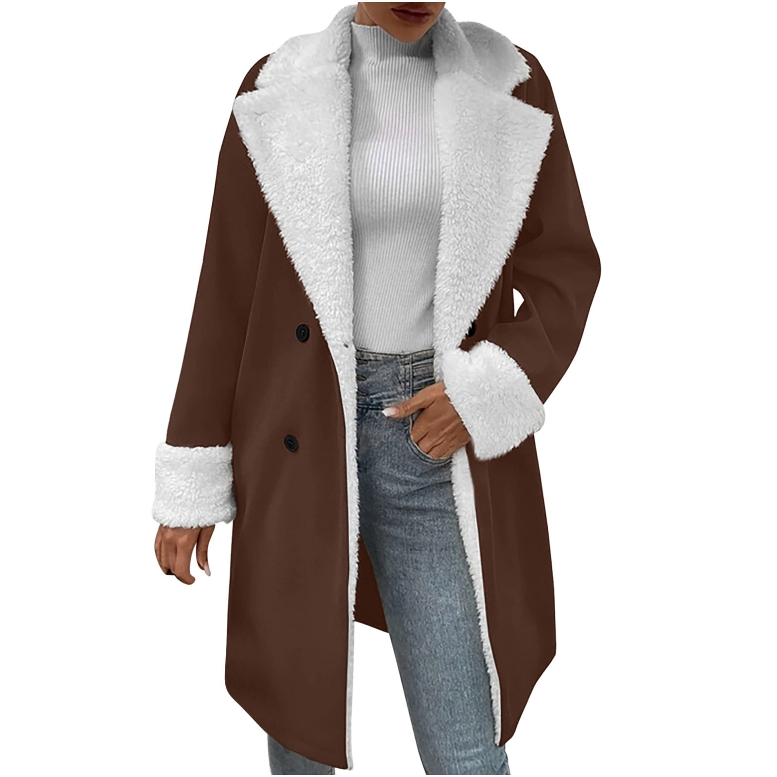 RYRJJ Winter Trench Coats for Women Trendy Warm Double Breasted Sherpa ...