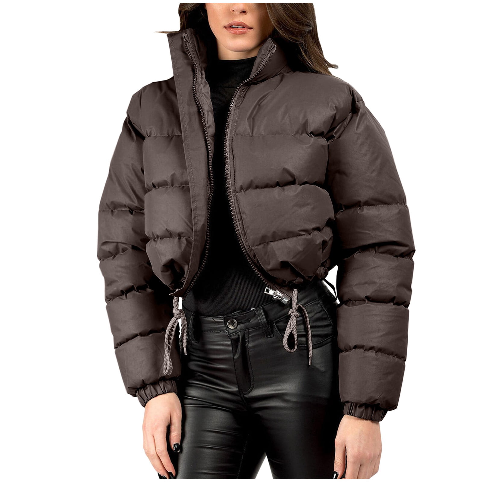 RYRJJ Women Quilted Down Jacket Stand Collar Long Sleeve Zip Up Cropped ...