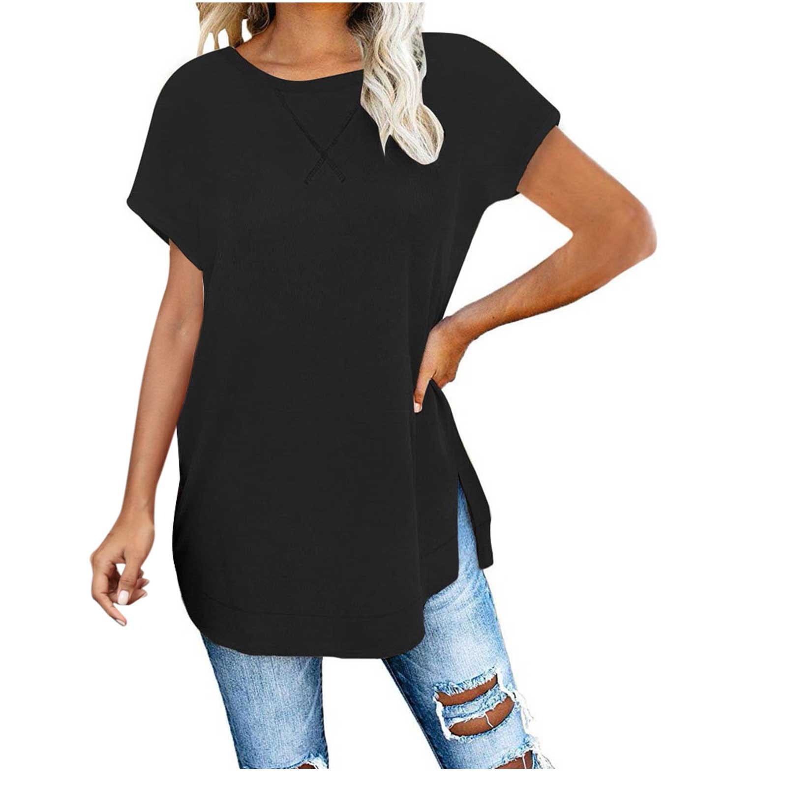 RYRJJ Women's Casual Short Sleeve T Shirts Loose Fit Crewneck Tees Side ...