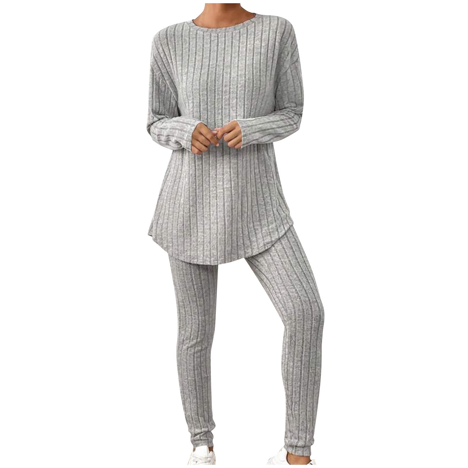 RYRJJ Women's Fall 2 Piece Outfits Ribbed Knit Pajama Set Casual Long ...