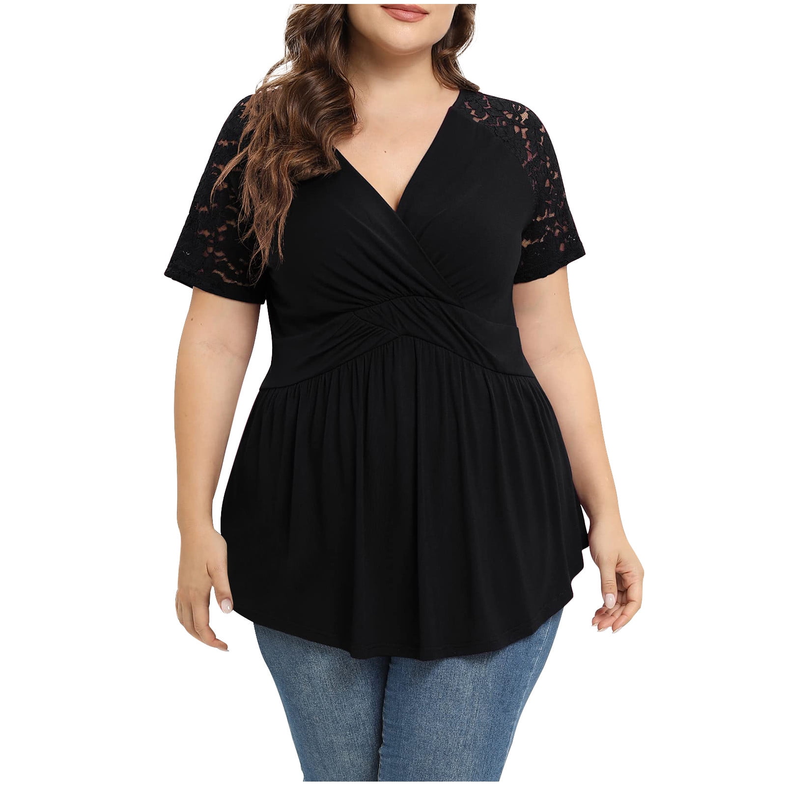 RYRJJ Women's Plus Size Dressy Tops Wrap Shirt Contrast Lace Short ...