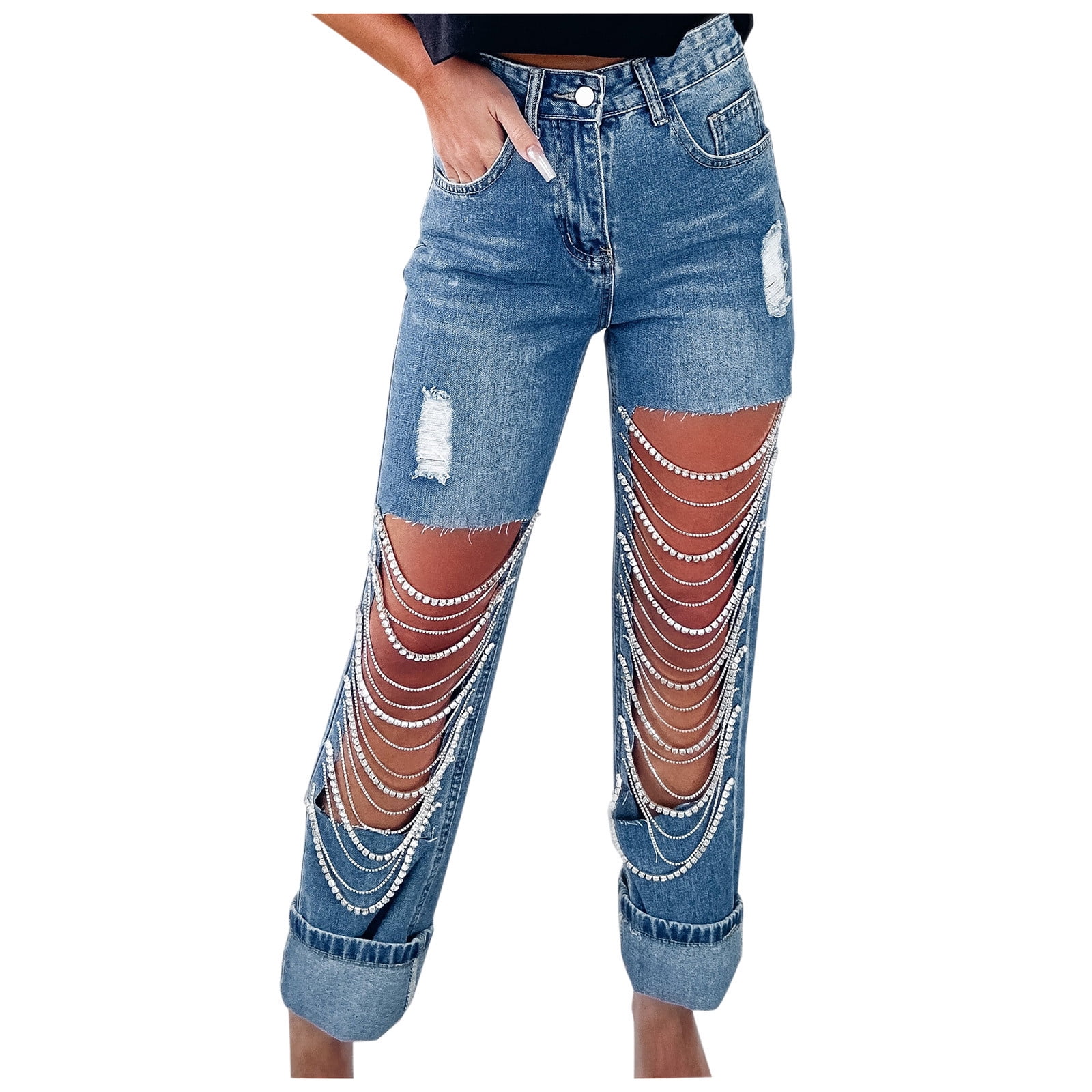 RYRJJ Women's Ripped Straight Leg Jeans High Waist Distressed Destroyed ...