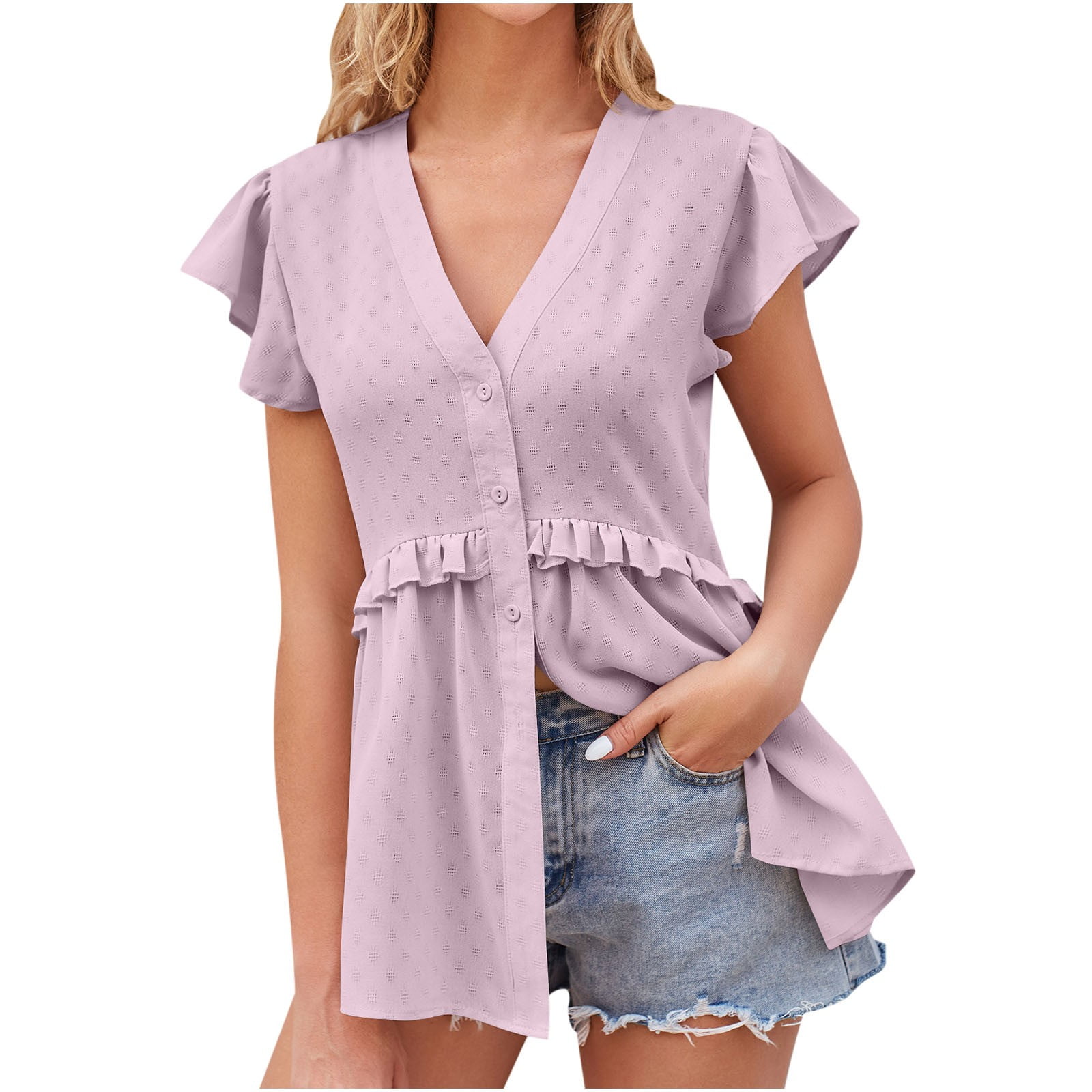 RYRJJ Women's Ruffle Short Sleeve V Neck Tops Button Up Pleated ...
