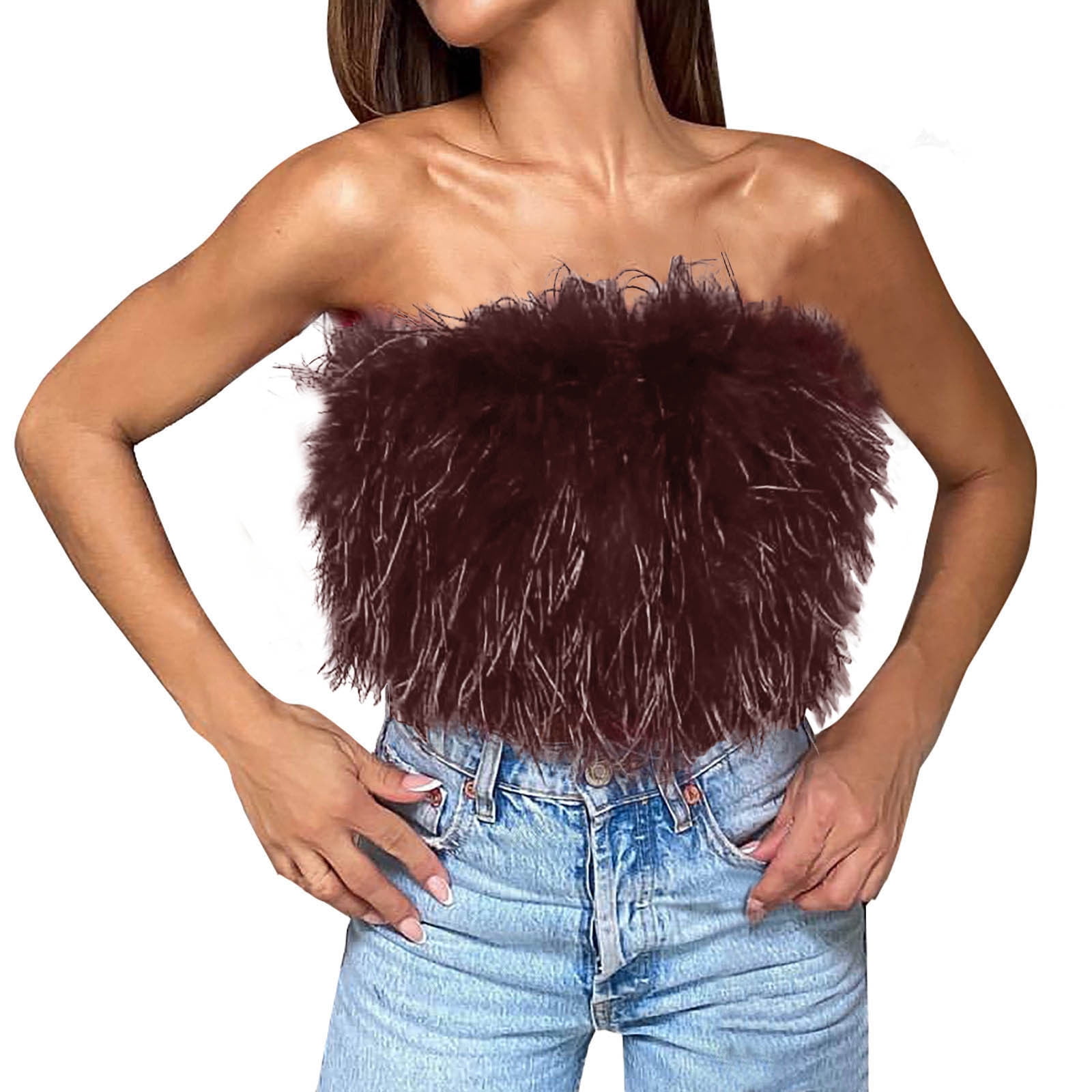 RYRJJ Women's Crop Tops Faux Fur Feather Strapless Tube Top Bandeau ...