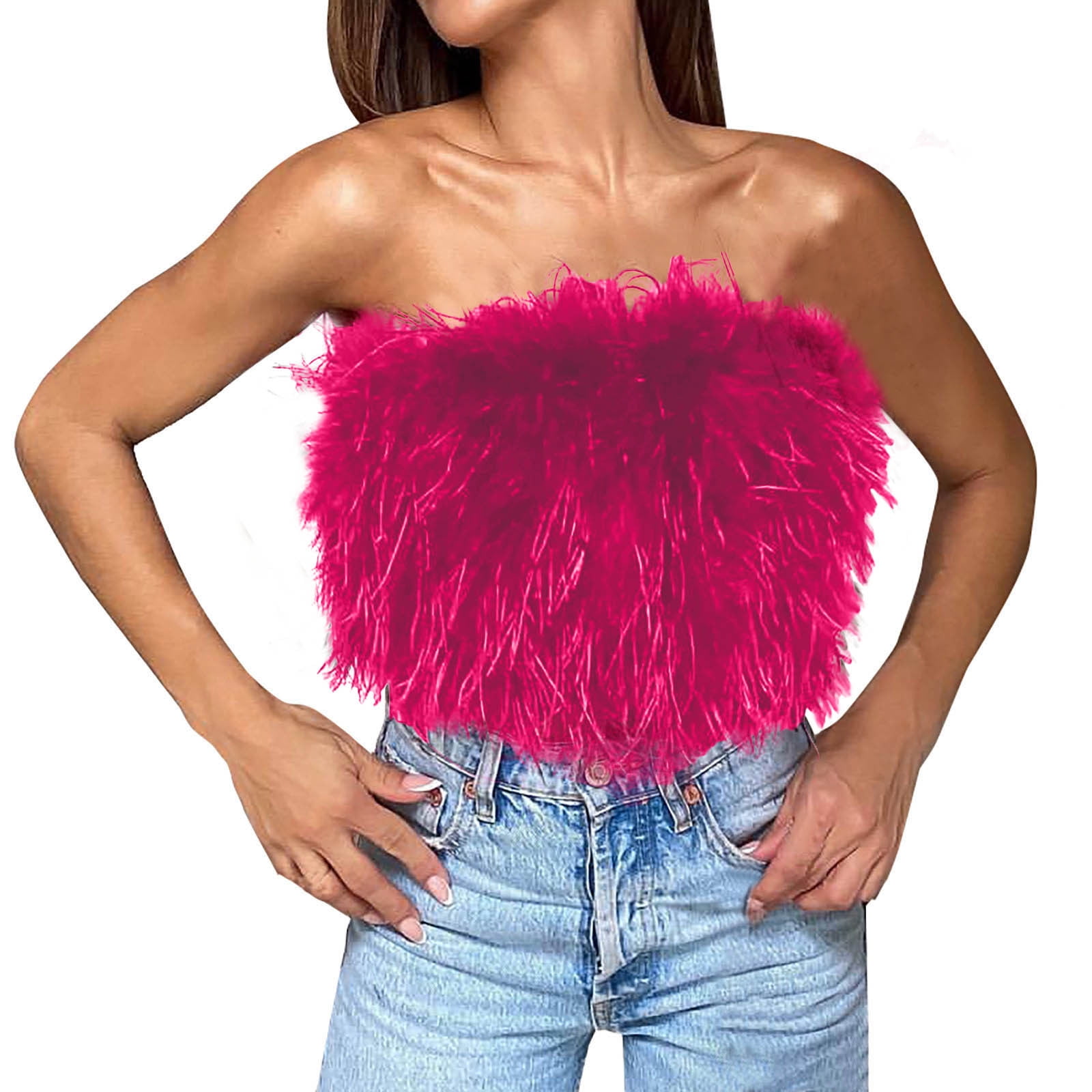 RYRJJ Women's Crop Tops Faux Fur Feather Strapless Tube Top Bandeau ...