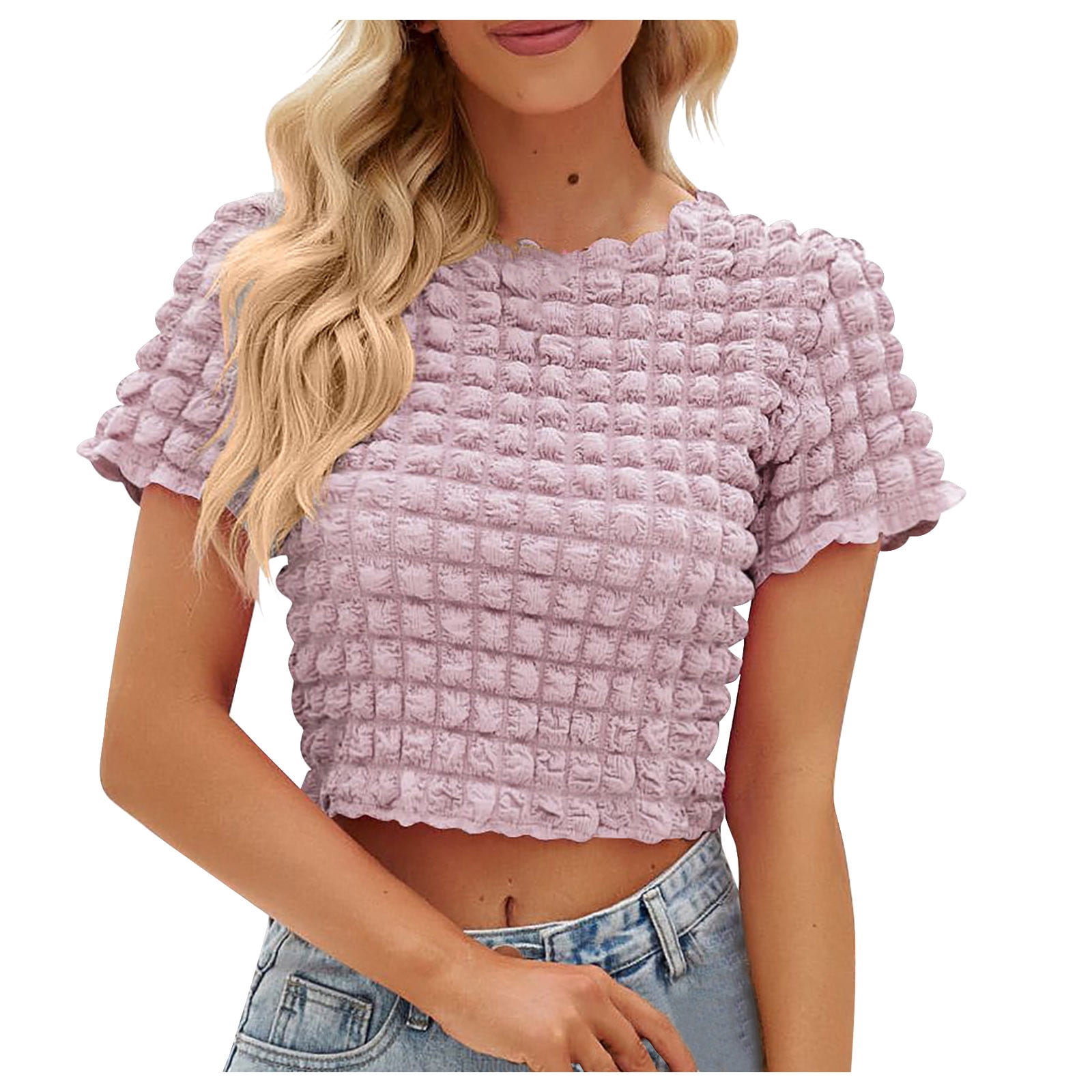 RYRJJ Women's Summer Popcorn Crop Tops Short Sleeve Round Neck Going ...