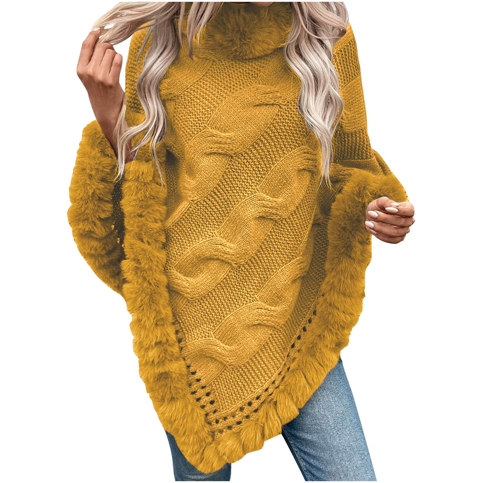 RYRJJ Womens Knit Cape Sweaters Turtleneck Shawl Wrap Poncho with Faux ...