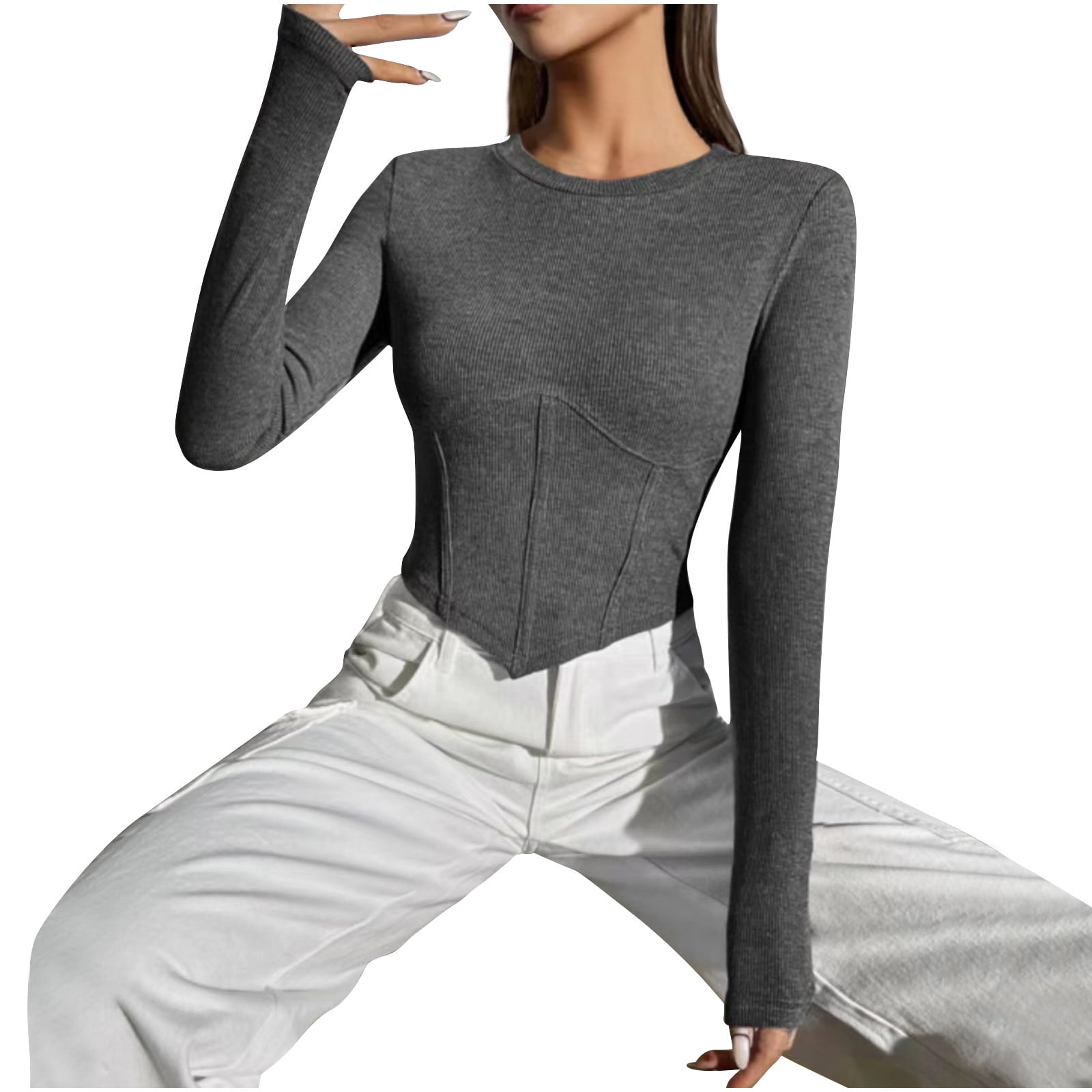 Ryrjj Womens Long Sleeve Crop Tops Crewneck Basic Slim Fitted Shirts