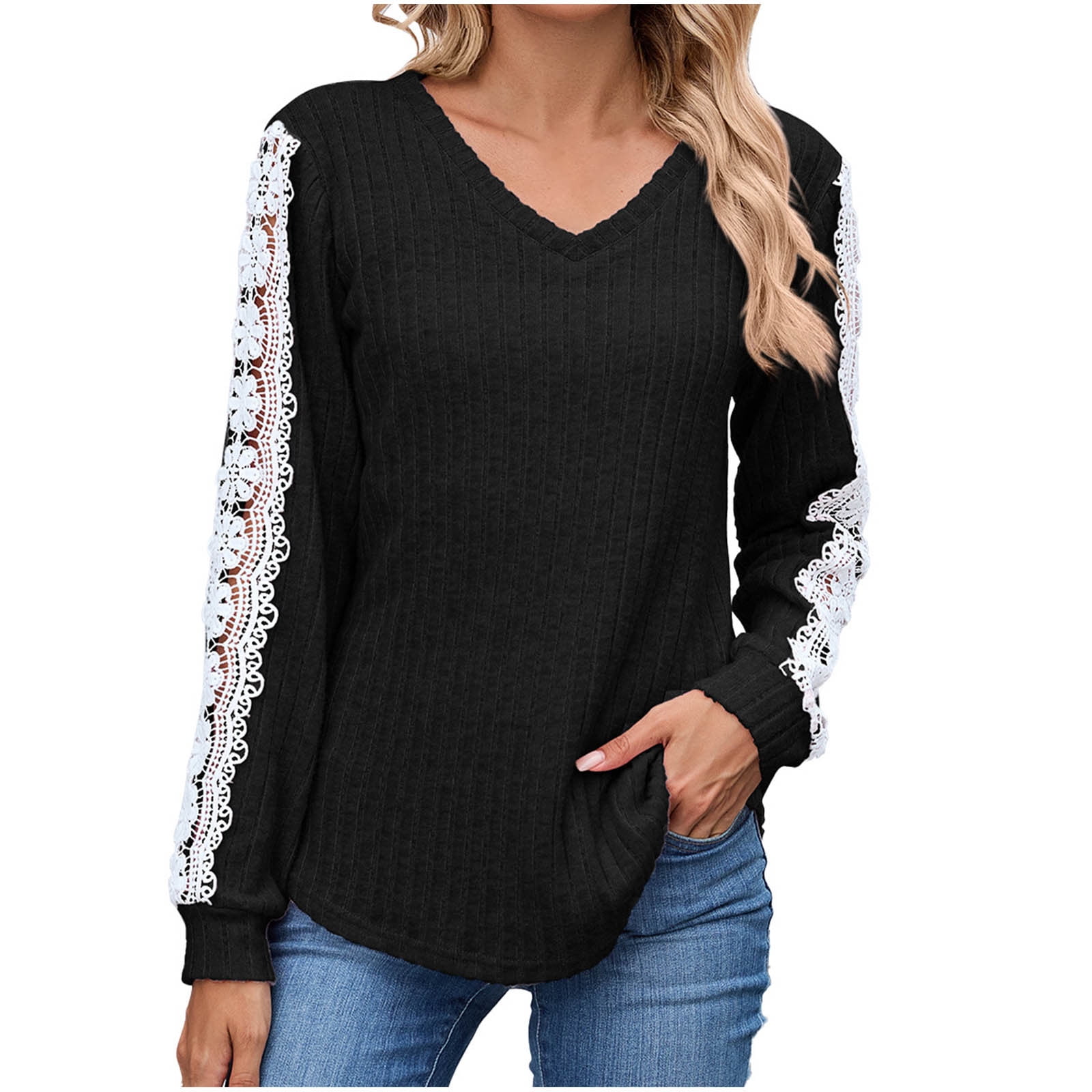 RYRJJ Womens Long Sleeve Shirts Fall Trendy V Neck Lace Tops Fashion Sweaters Dressy Casual ...
