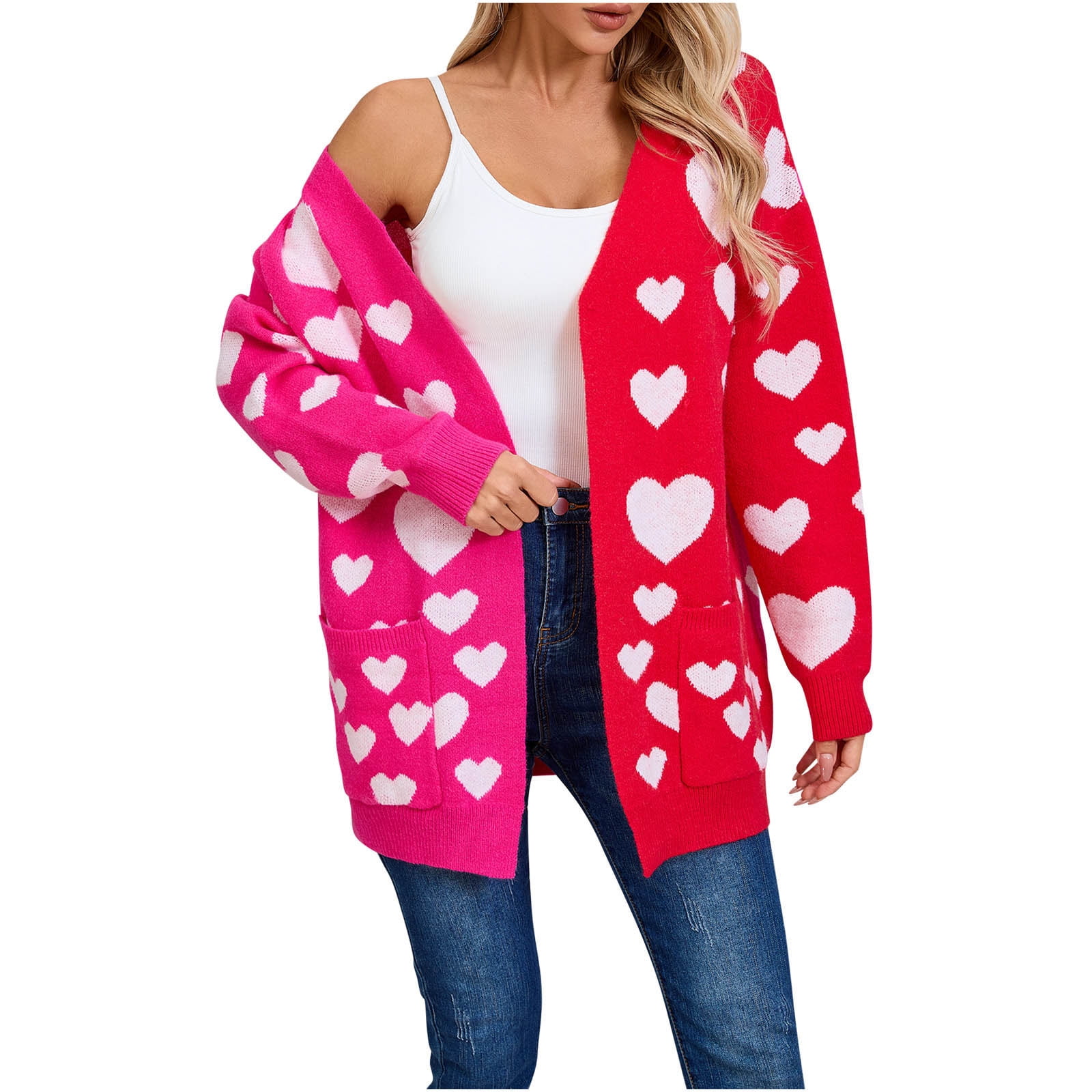 RYRJJ Womens Valentines Long Cardigan Sweaters Color Block Cute Love Heart Printed Open Front ...