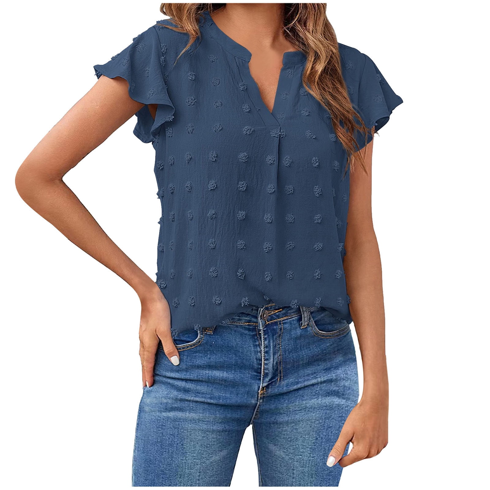 RYRJJ Womens Work Blouse V Neck Ruffle Sleeve Swiss Dot Flowy Shirts Dressy Casual Cute Summer ...