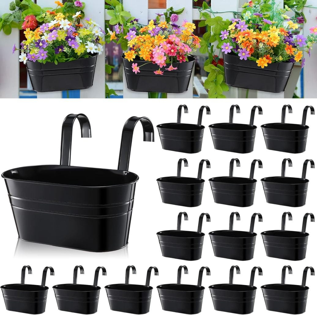 RYTZ 20 Pack Metal Iron Hanging Flower Holders Balcony Railing Planters Bucket Flower Pots with ...