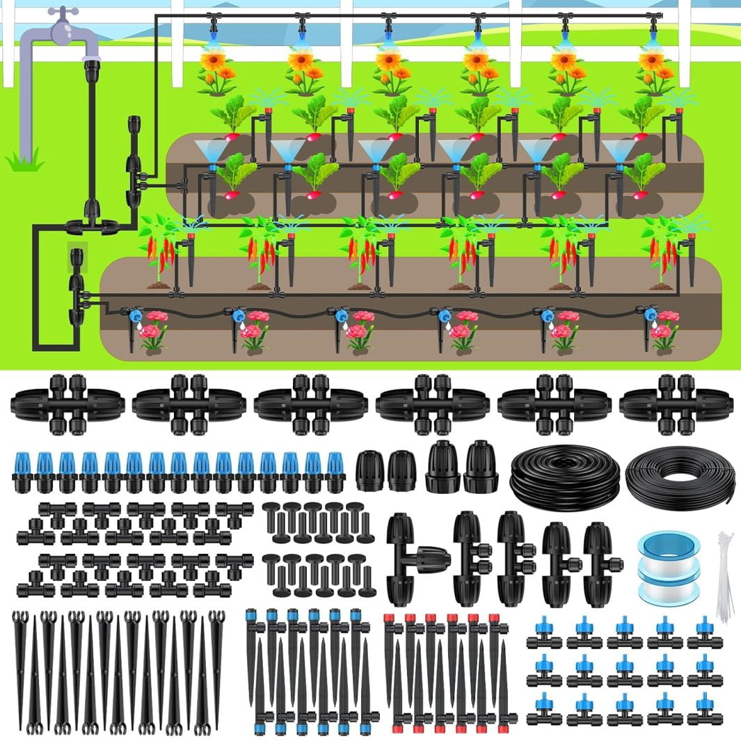 RYTZ 250 ft Drip Irrigation System, Quick-Connect Drip Irrigation Kit ...