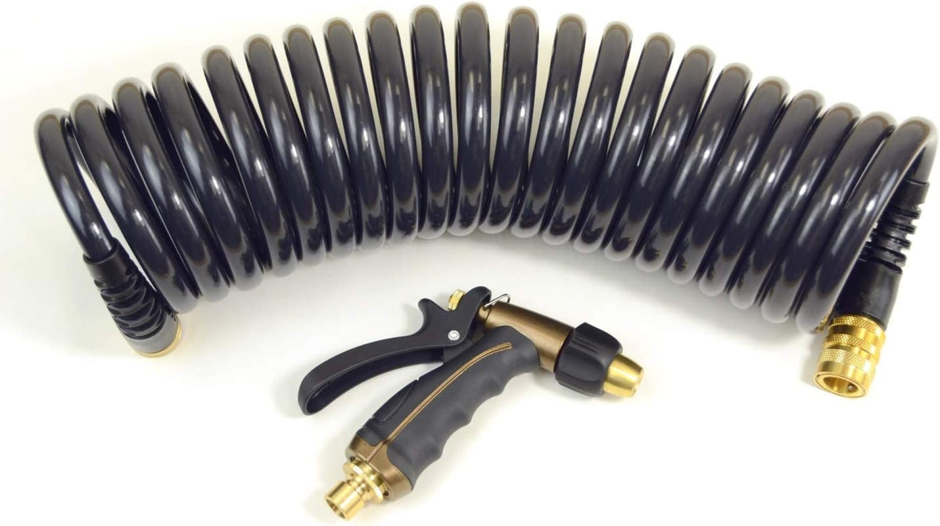 RYTZ Hose Kit: 1/2" ID x 25' HP Quality Coiled Hose (Charcoal Gray) with Metal Body Spray Nozzle ...
