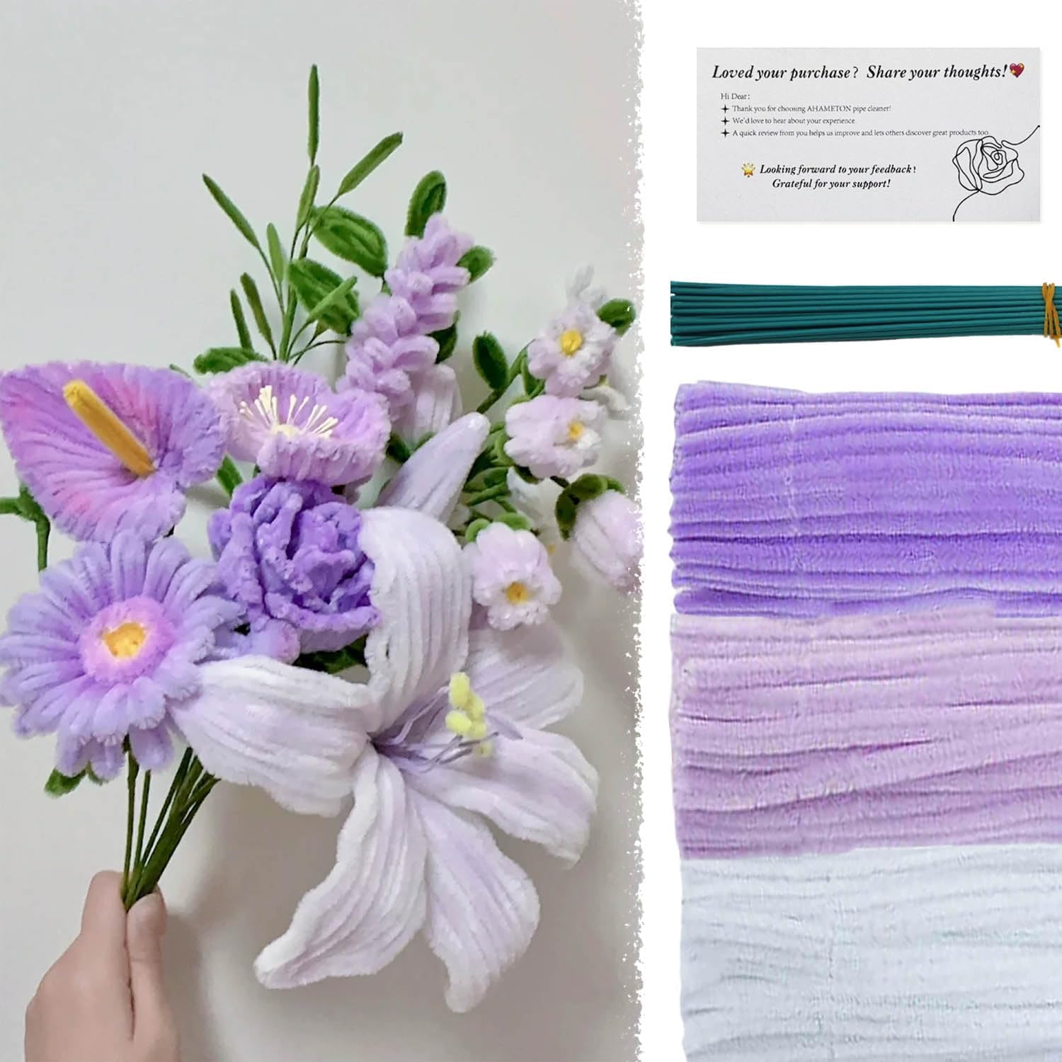 RYU SCMY300Pieces Purple White Pipe Cleaners With 20Pieces Flower Stems ...