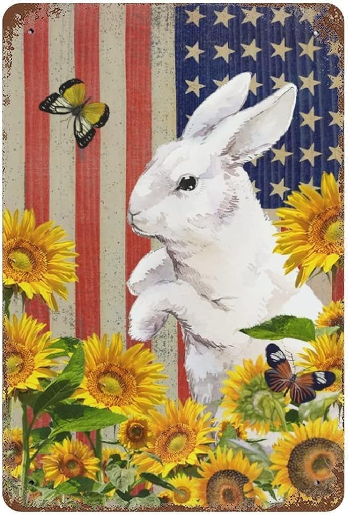 Rabbit American Flag Sunflowers Butterfly Retro Plaque Metal Iron Sign ...