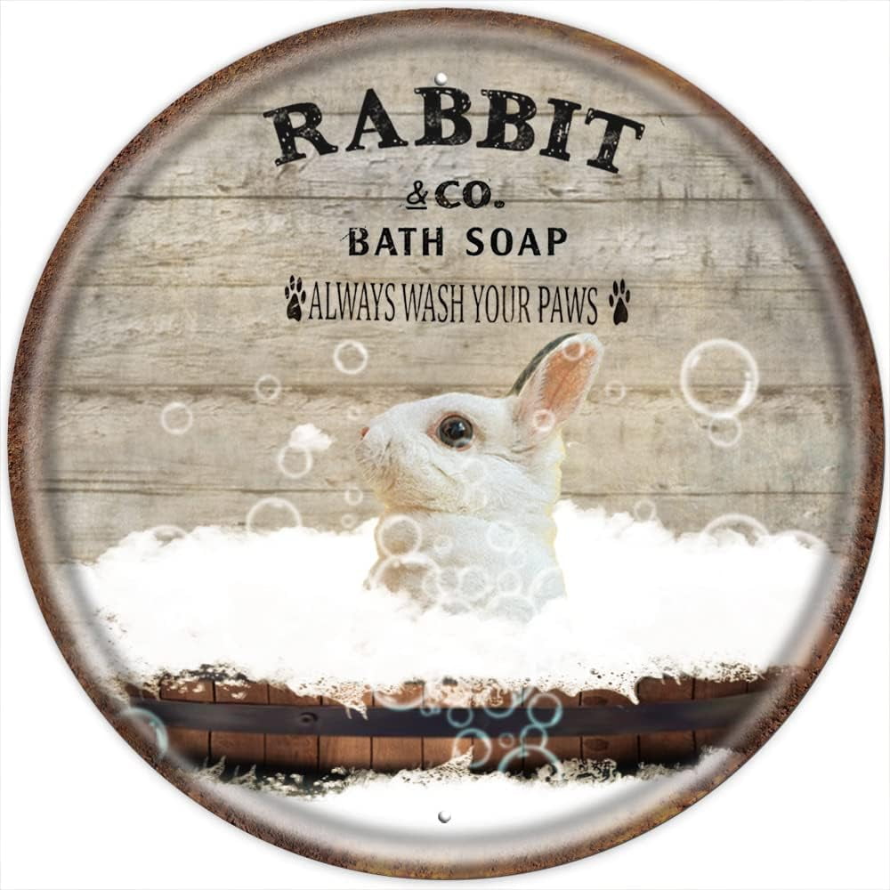 Rabbit Bath Soap Wash Your Paws Vintage Round Tin Sign, Rabbit Sign ...