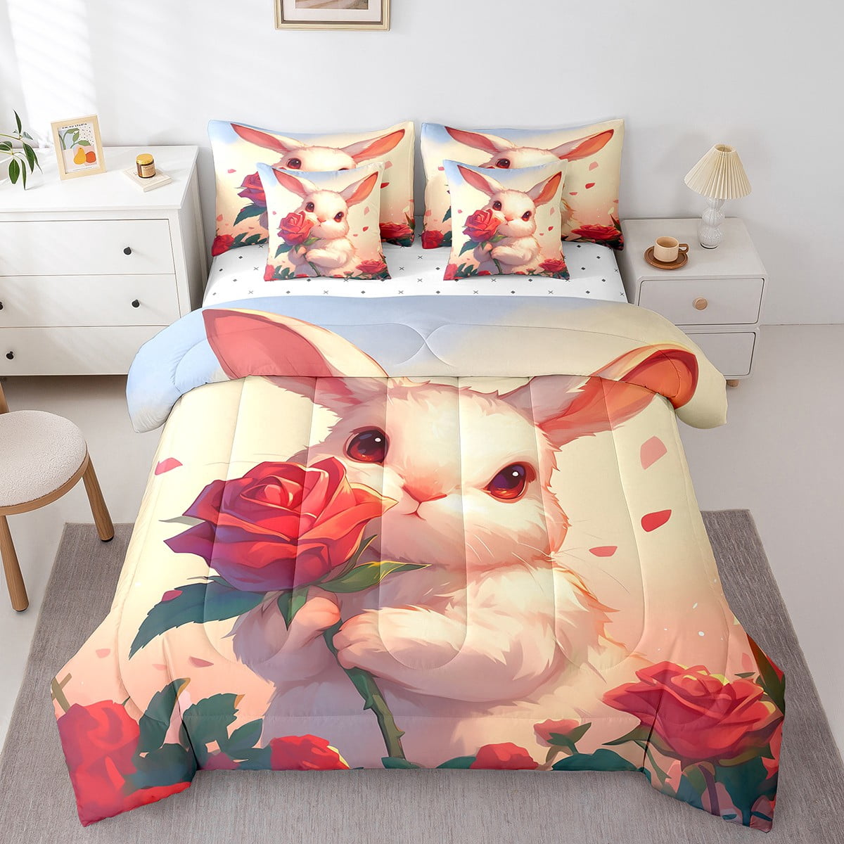 Rabbit Bed in a Bag King Size Comforter Set 7 Pieces,Red Rose Bedding ...