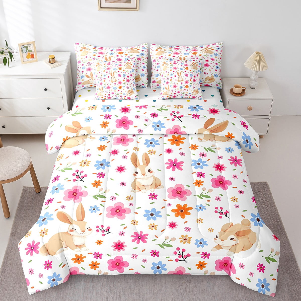 Rabbit Bedding Queen 7pcs Pink Flower Floral Bed in a Bag Polka Dots ...