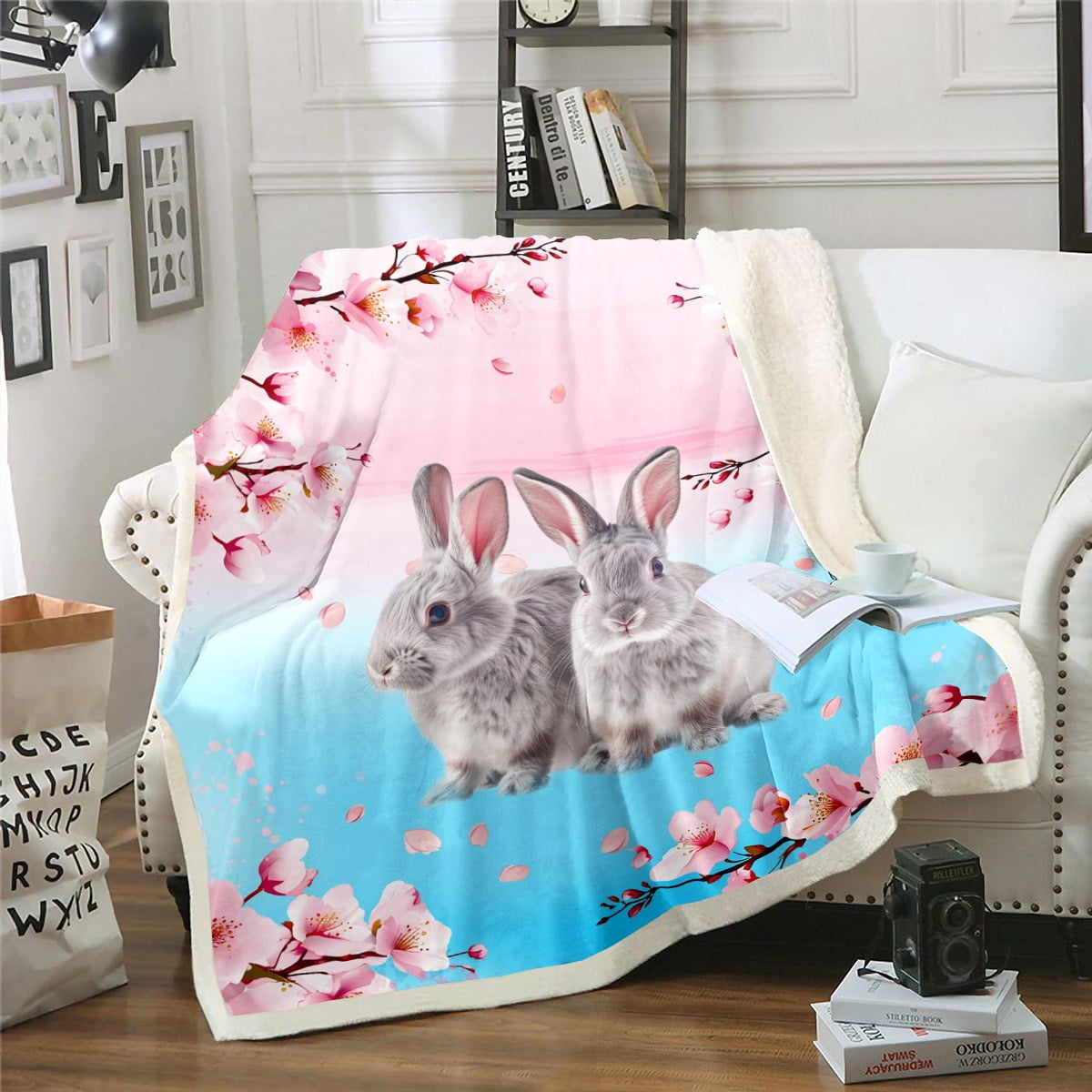 Rabbit Blanket Easter Wild Animal Throw Blanket 60"x80",Cherry Blossom ...