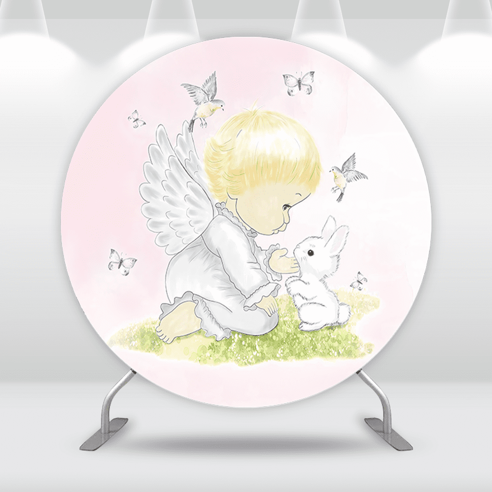 Rabbit Butterfly Angel Girls Baby Shower Round Backdrop Party ...