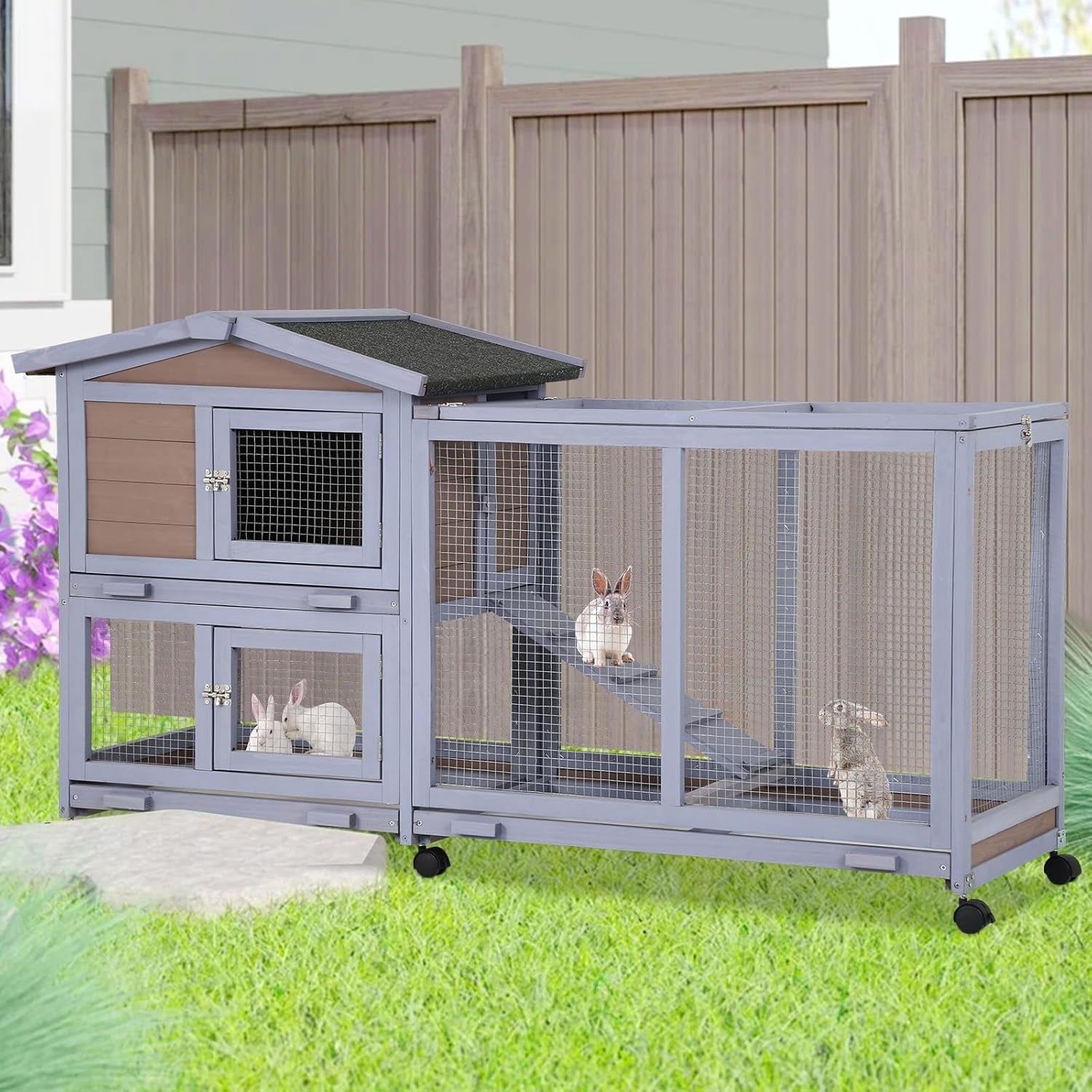 Rabbit Cage, Critter Cage, Two Tier 58" Wheeled Wooden Bunny Cage ...