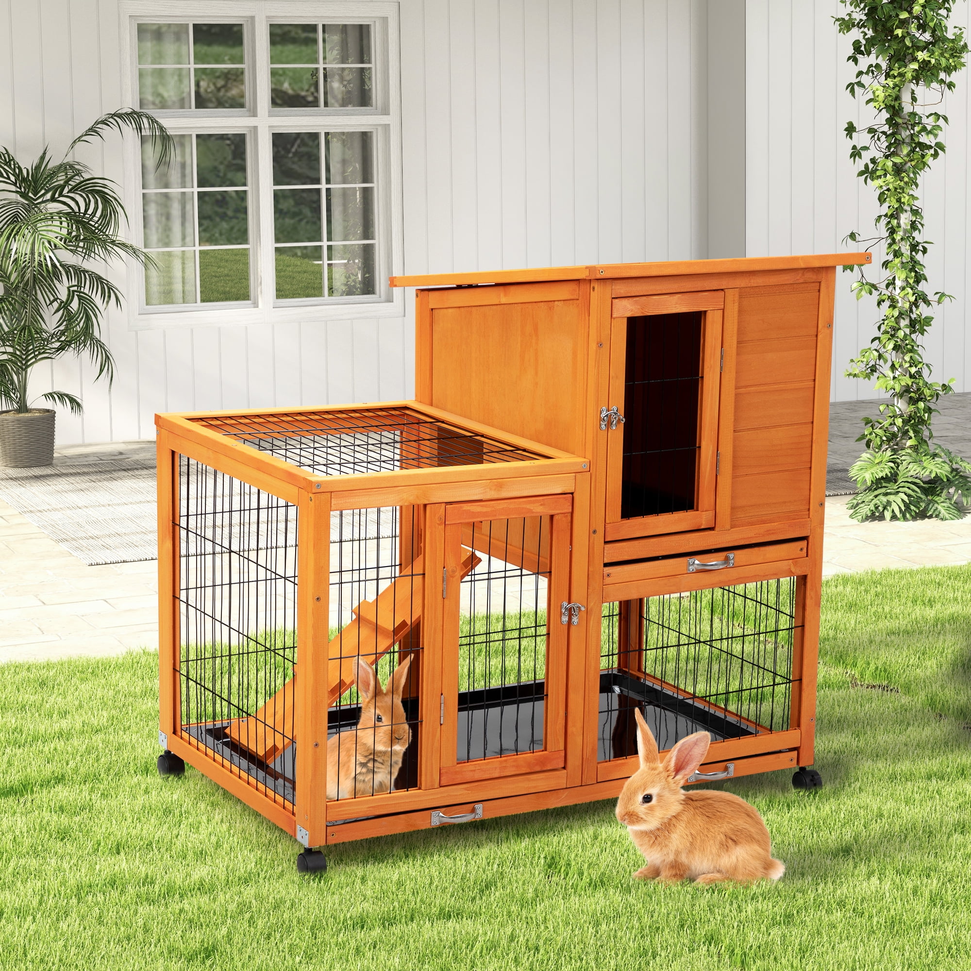 Rabbit Cage Indoor Outdoor, Rabbit Hutch With Casters, Waterproof Roof ...