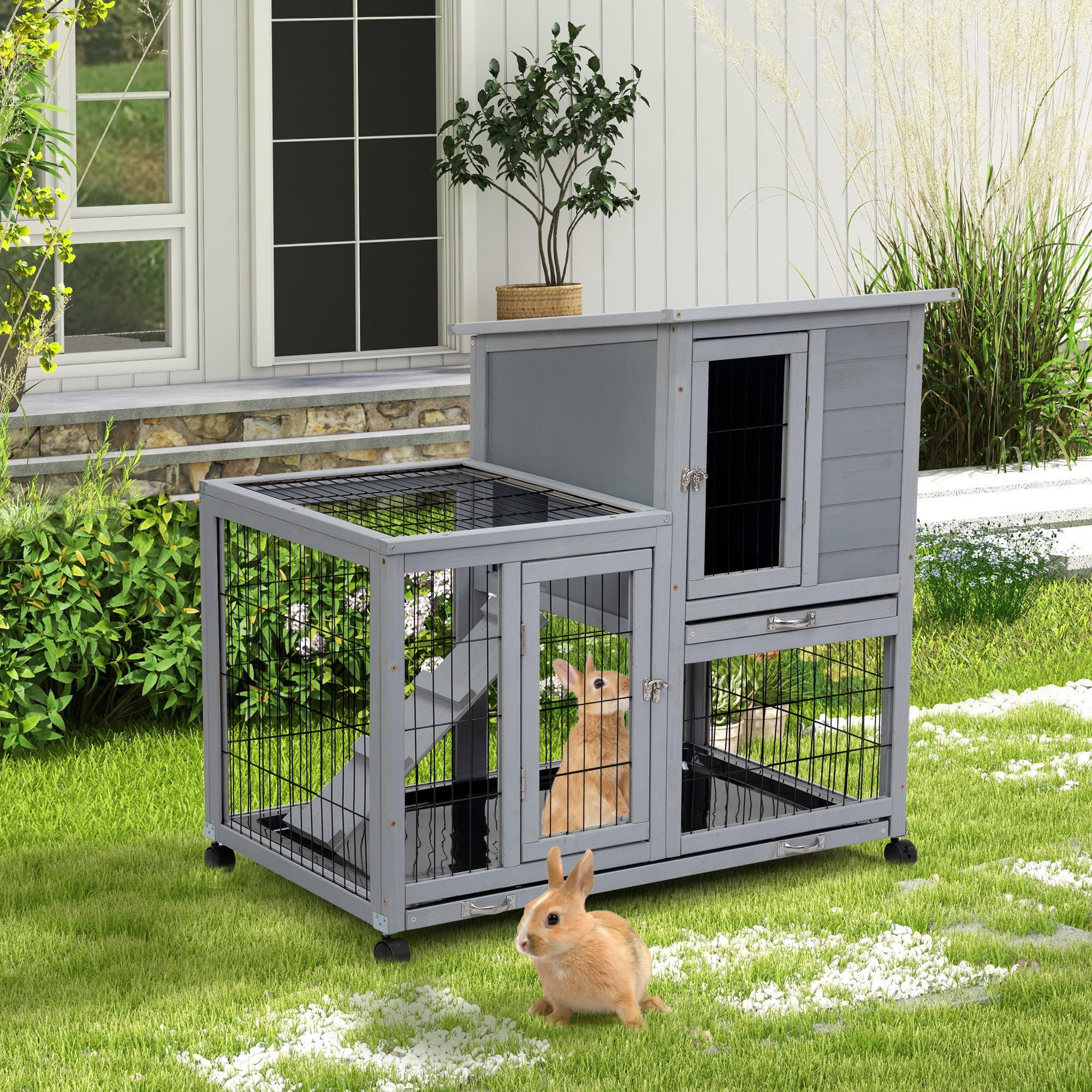 Rabbit Cage Indoor Outdoor, Rabbit Hutch With Casters, Waterproof Roof ...