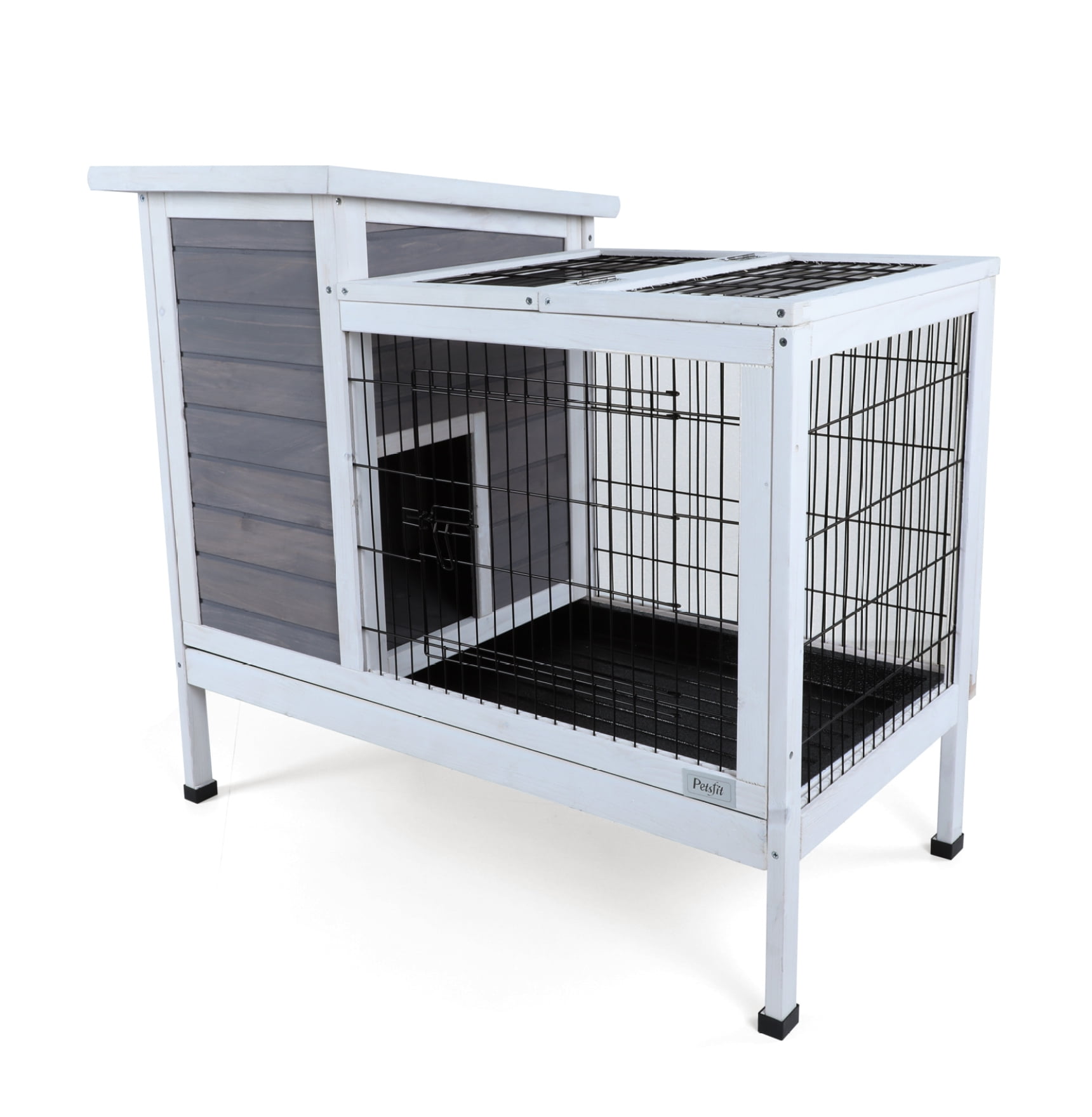 Rabbit Cage Two-Tier Wooden Hutch Indoor Outdoor Small Animal Cage with Leak-Proof Tray, Grey ...
