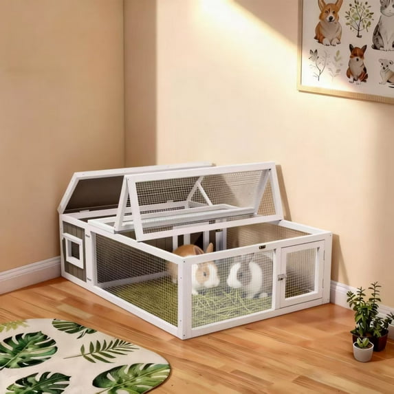 Rabbit Cage with Large Wire Mesh Activity Area and Weatherproof Nesting ...