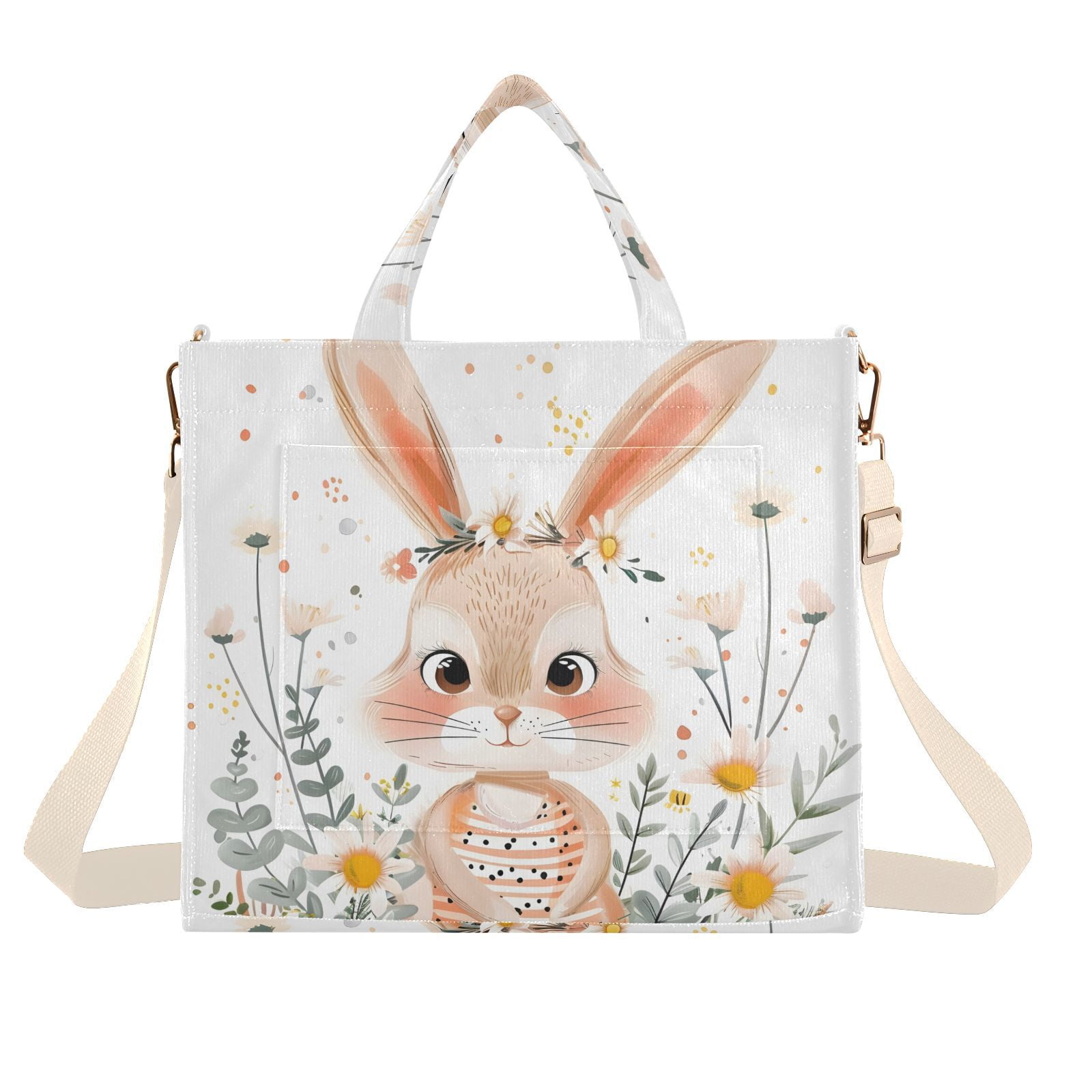 Rabbit Cartoon Bunny Flowers Corduroy Tote Bag Handbag Large Messenger ...