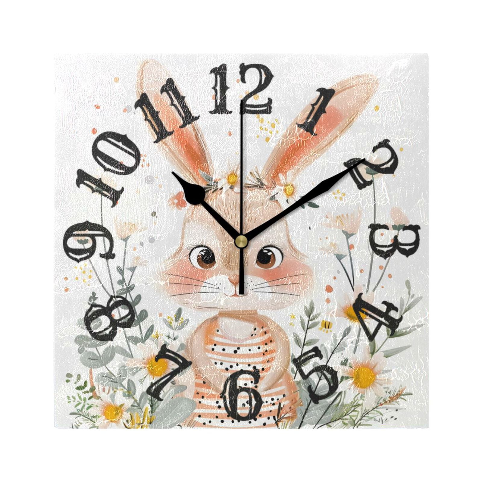 Rabbit Cartoon Bunny Flowers Wall Clock Square Silent Non Ticking ...