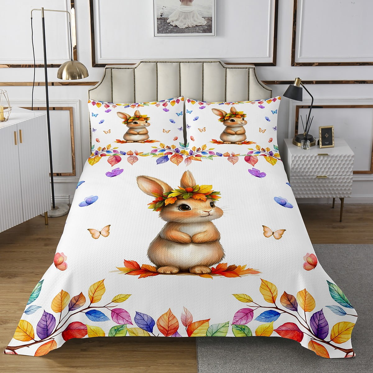 Rabbit Coverlet Queen Size Watercolor Animals Bedding Set, Woodland ...