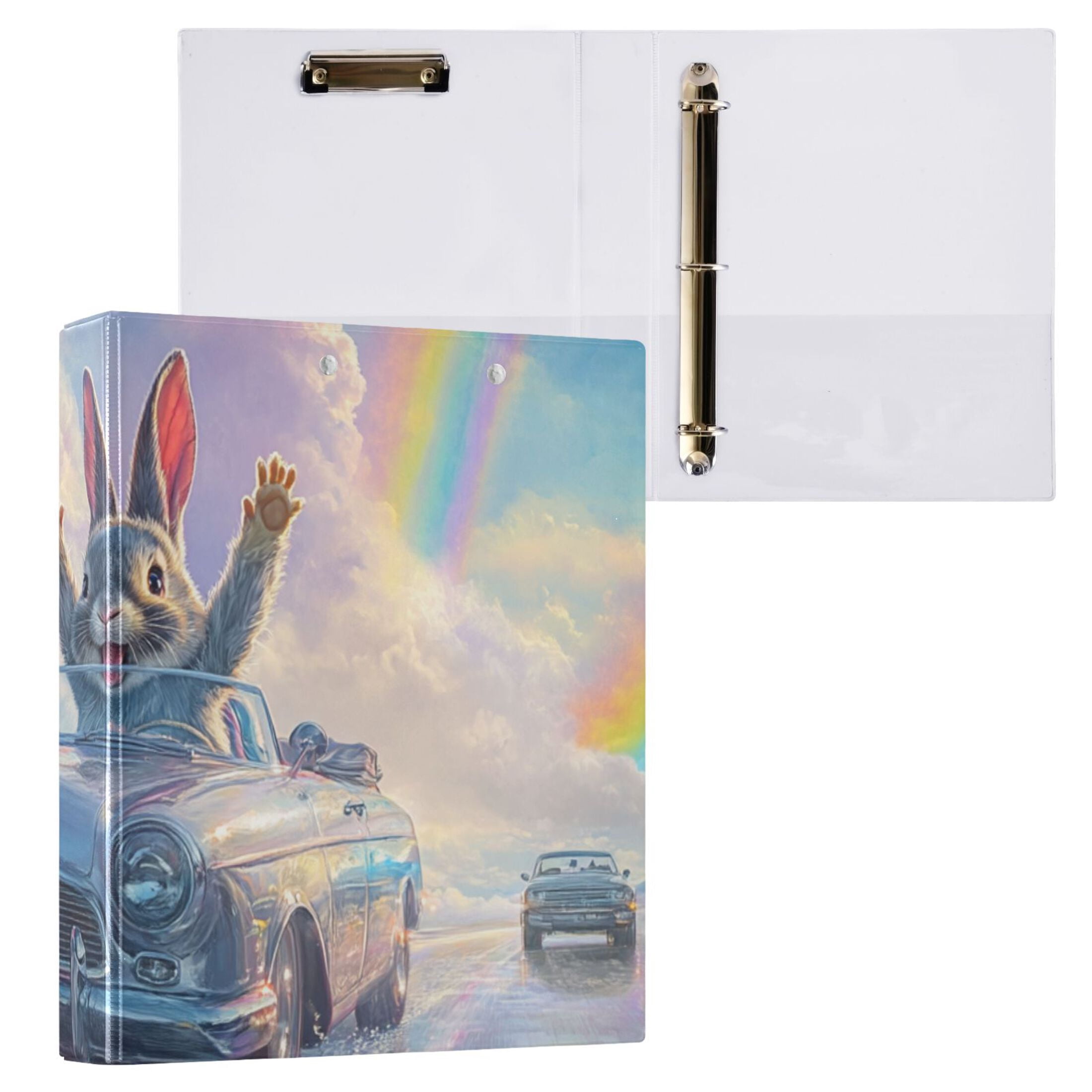 Rabbit Drive Car Rainbow Round Ring Binder 3 Rings 1.5" Capacity File ...