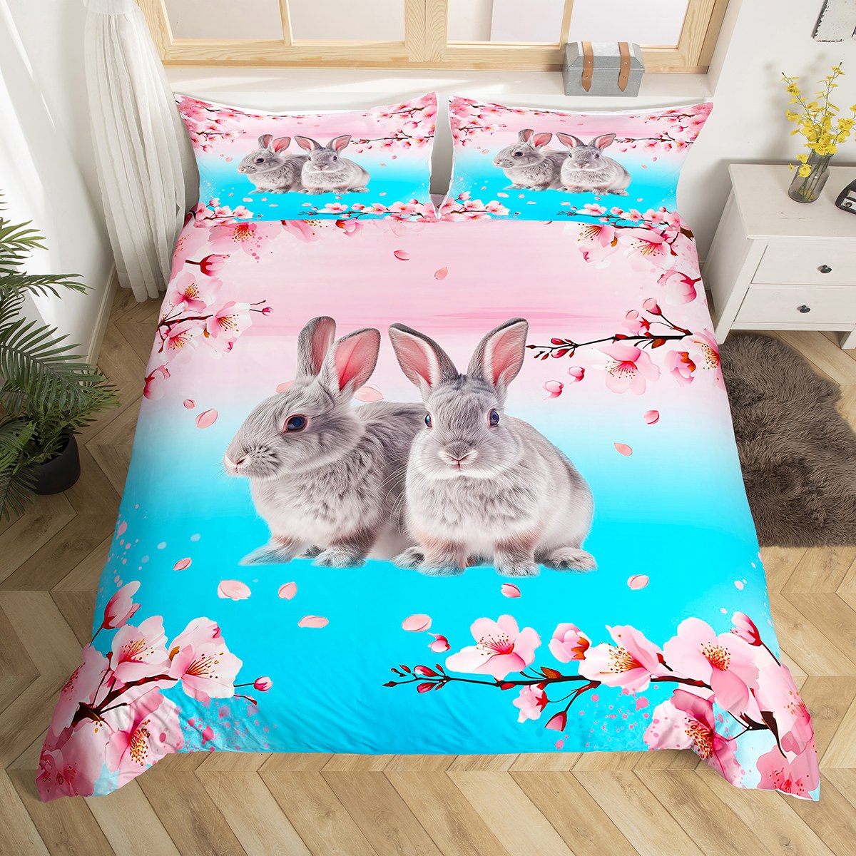 Rabbit Duvet Cover Easter Wild Animal King Bedding Sets,Cherry Blossom ...