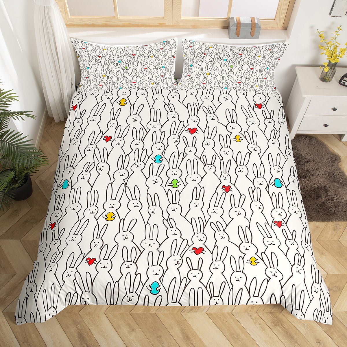Rabbit Duvet Cover Rainbow Love Hearts Kawaii Bedding Set Full,Cartoon ...