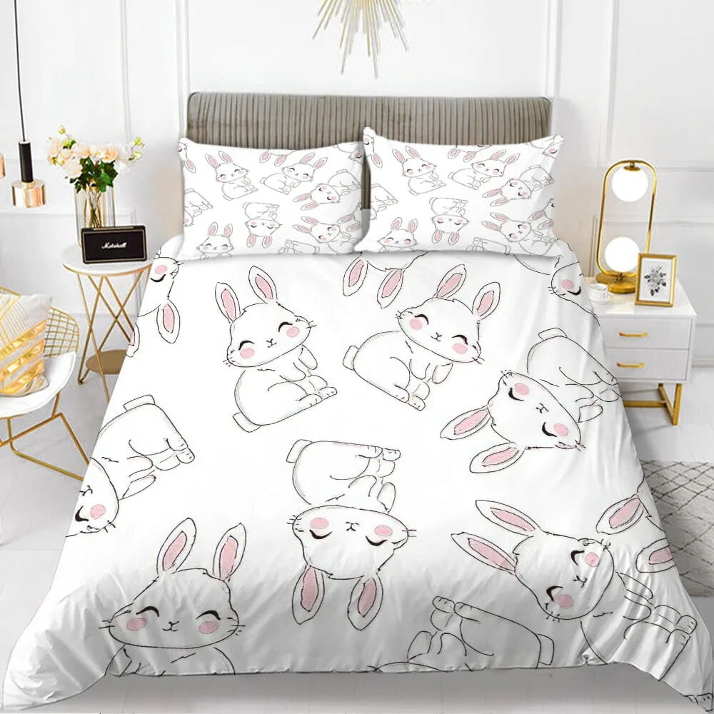 Rabbit Duvet Cover Set Cartoon Animals Theme 3D Print Kawaii Cute Pink ...