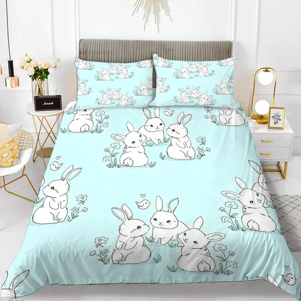 Rabbit Duvet Cover Set Cartoon Animals Theme 3D Print Kawaii Cute Pink ...