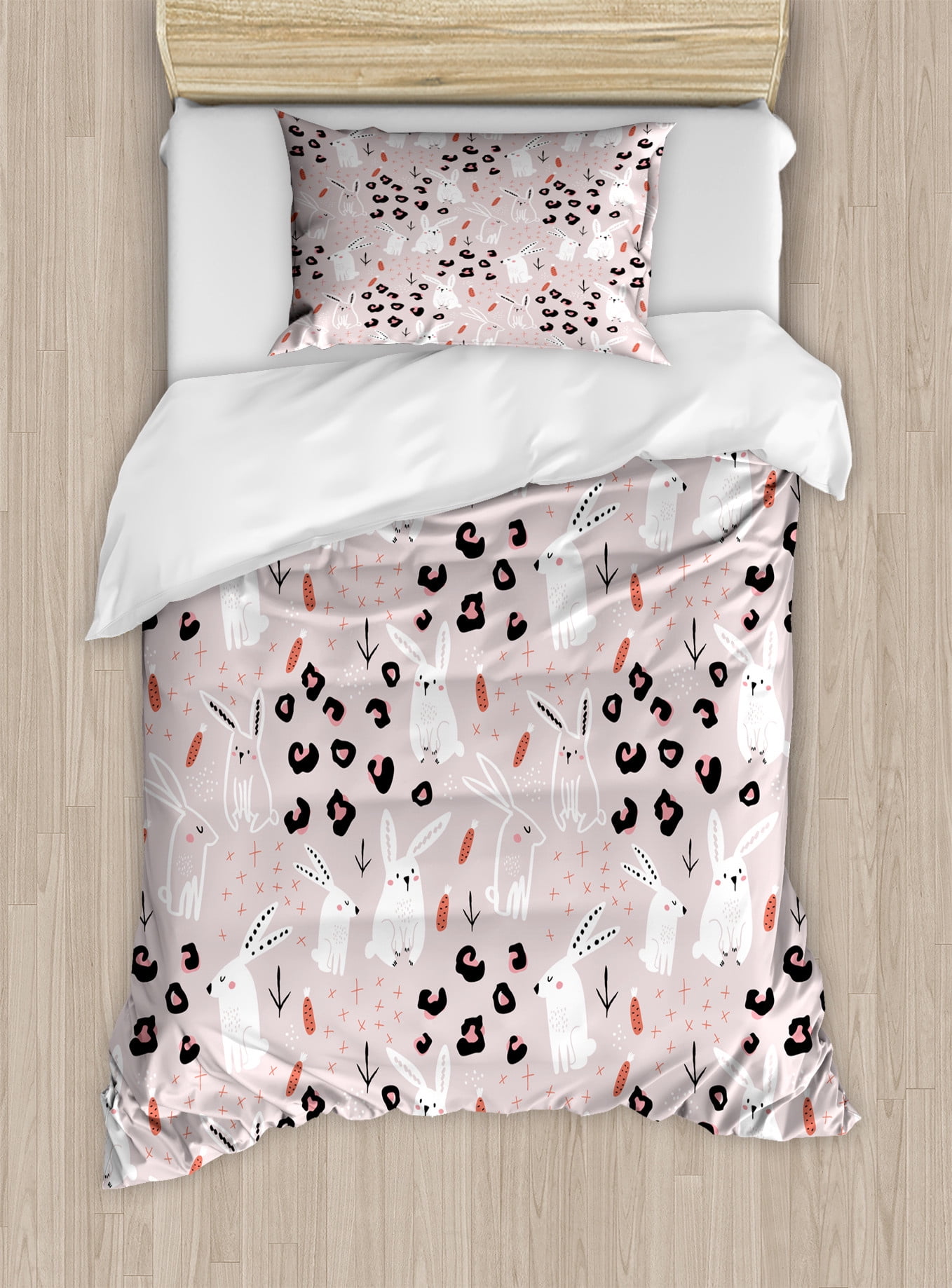 Rabbit Duvet Cover Set, Rhythmic Hand Drawn Like Bunnies Sketch Leo ...
