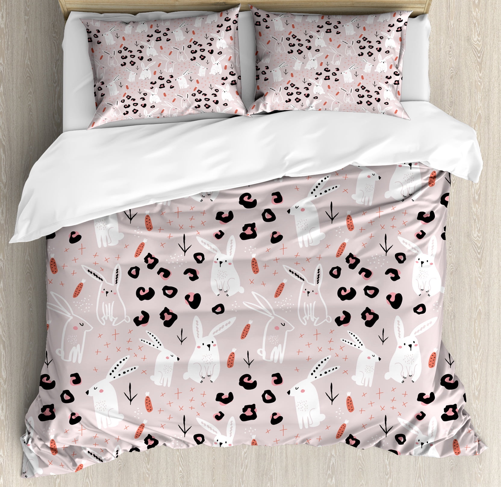Rabbit Duvet Cover Set, Rhythmic Hand Drawn Like Bunnies Sketch Leo ...
