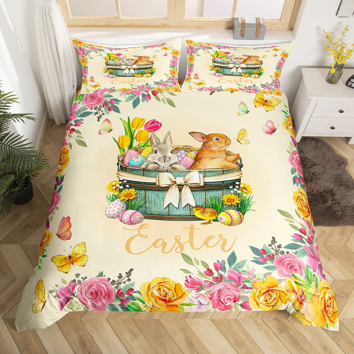 Rabbit Duvet Cover Tulip Flowers Easter Basket Bedding Set Queen,Easter ...