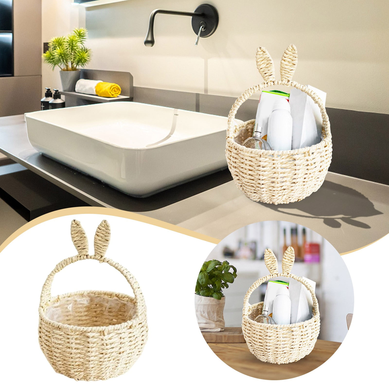 Rabbit Ear Design Woven Storage Basket - Portable Rattan Picnic Basket ...
