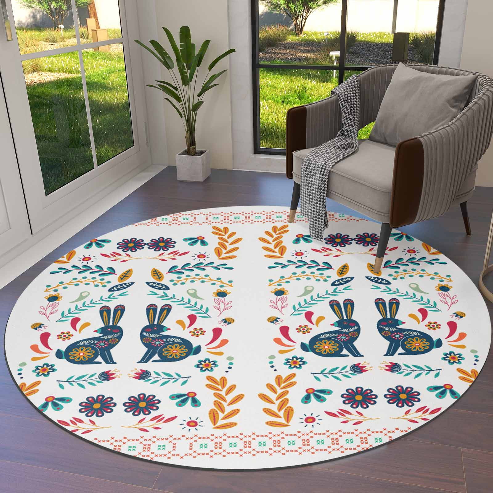 Rabbit Easter Flower Bohemian Style Round Area Rug Carpets For Living ...