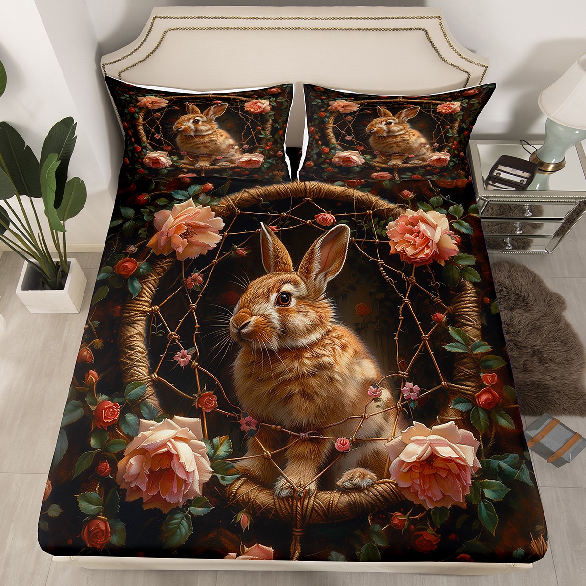 Rabbit Fitted Sheet Dream Catchers Sheets,Pink Boho Floral Bed Sheets ...