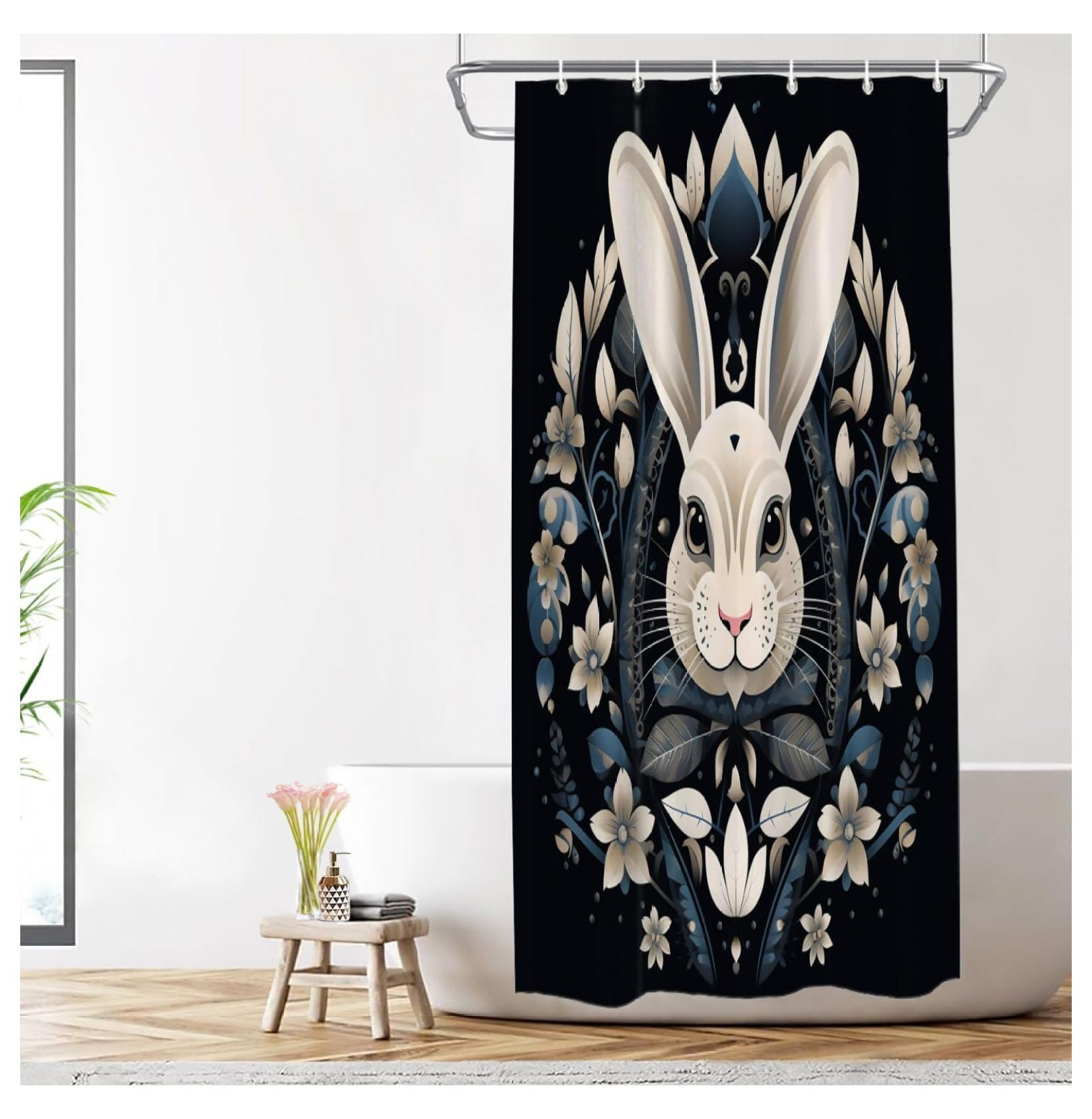Rabbit Floral Design Decorative Shower Curtain, Artistic Rabbit with ...
