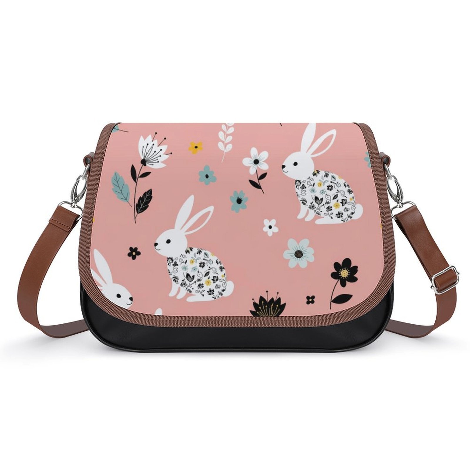 Rabbit Floral Print Vintage Crossbody Bag For Women Medium Leather Hobo ...