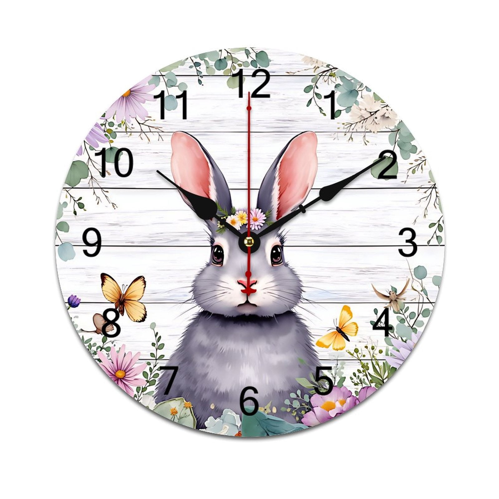 Rabbit Flowers And Butterflies Printed Silent Wall Clock Round Kitchen ...