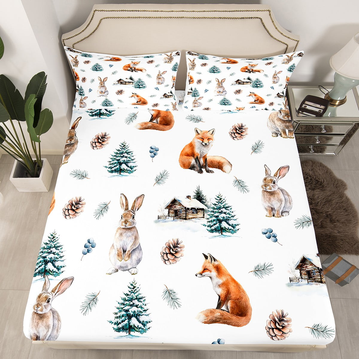 Rabbit Fox Bed Set Full Size,Rustic Farmhouse Animal Fitted Sheet ...