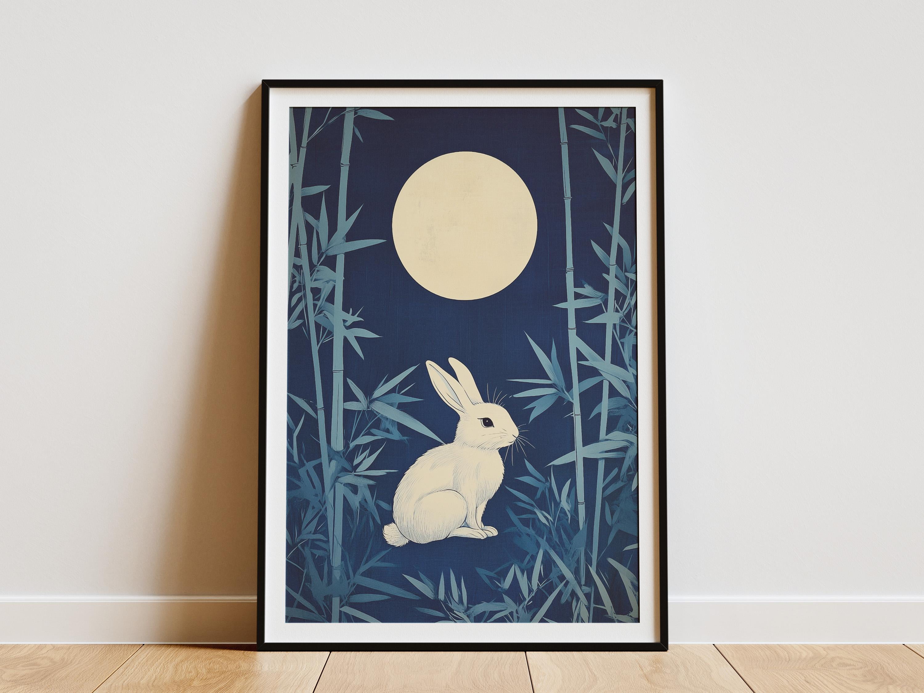 Rabbit Full Moon Print Japanese Art Lunar Hare Poster Bamboo Wall Art ...
